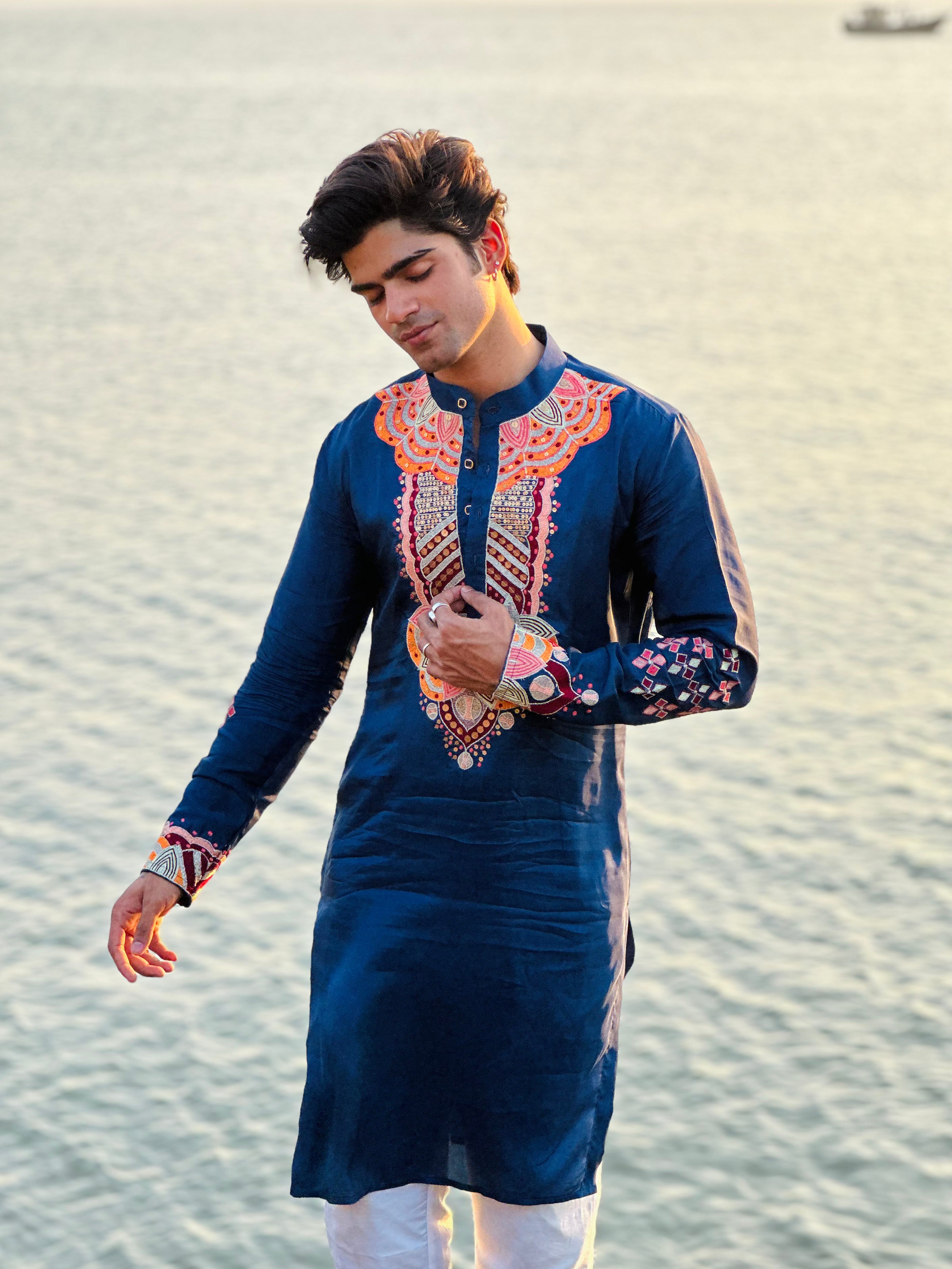 Bice Blue Kashmiri Work Men's Kurta – Kzari - The Design Studio