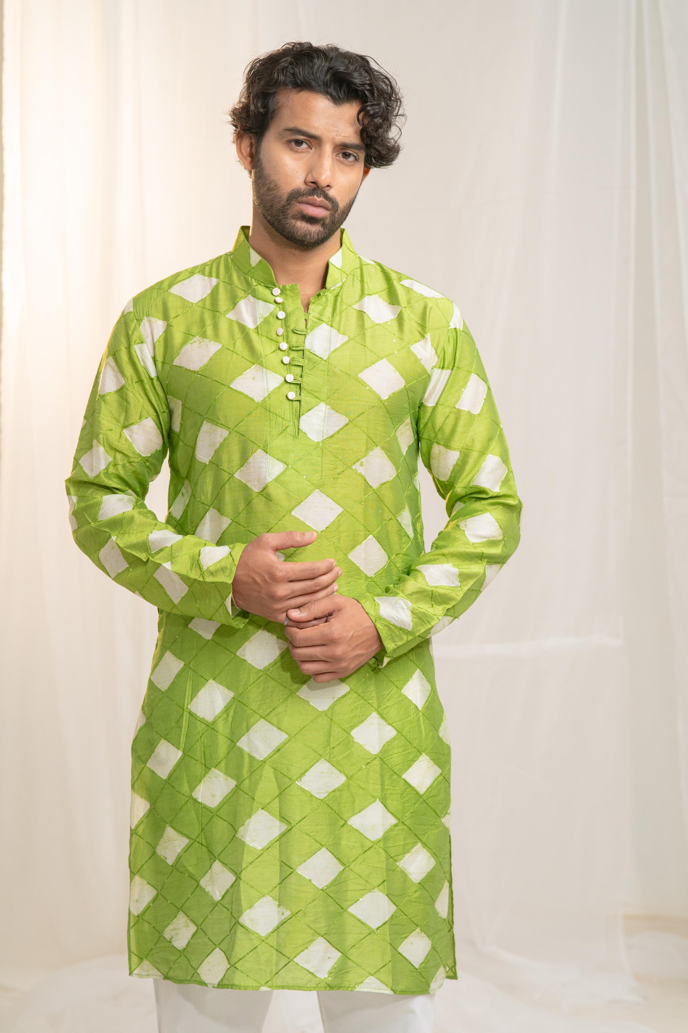 Classic Safed Hara Checks Chanderi Silk Kurta – Kzari - The Design Studio