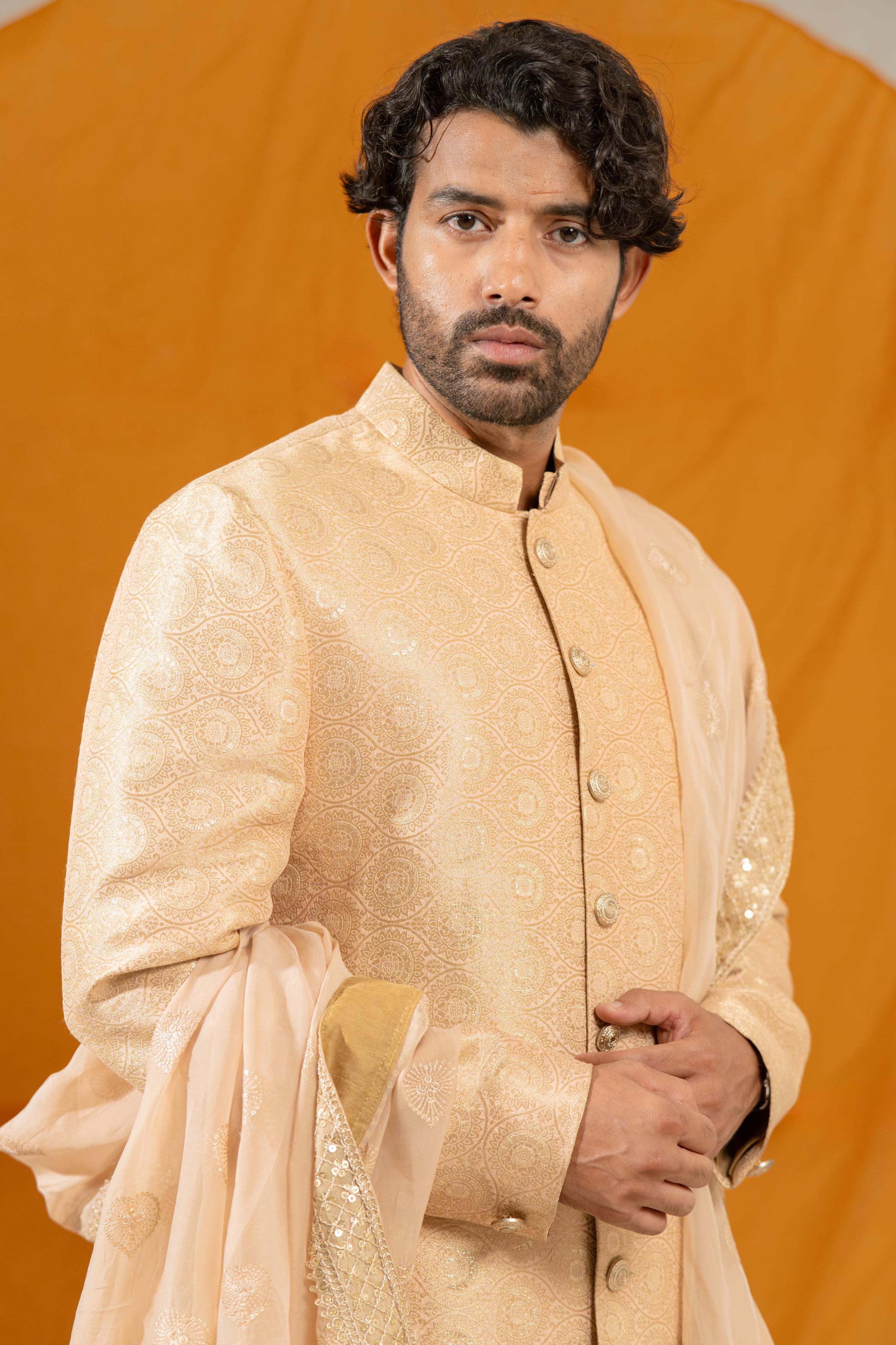Golden Jacquard Silk Sherwani (Without Dupatta) – Kzari - The Design Studio