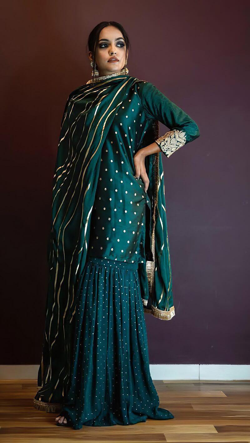 Buy Dark Rama Green Kurta Sharara And Dupatta Online for Party, Wedding ...